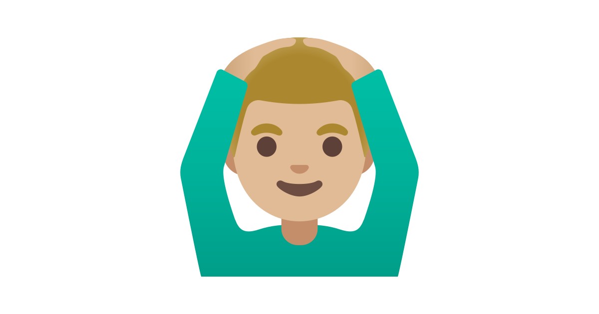 🙆🏼‍♂️ Mann mit Händen auf dem Kopf: mittelhelle Hautfarbe-Emoji