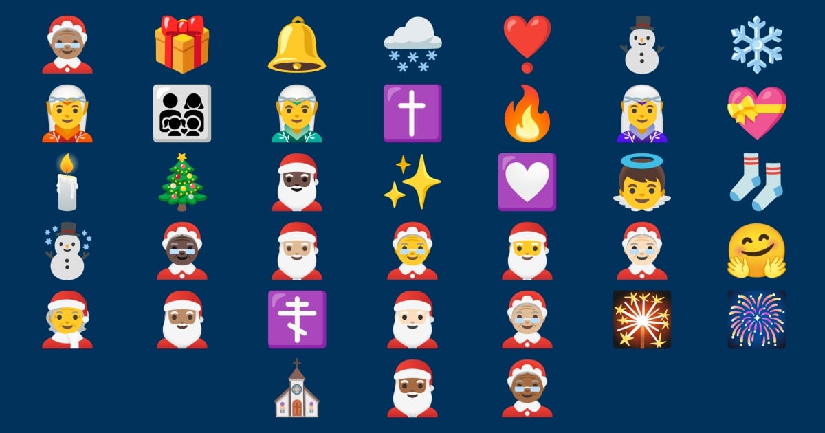 🎄 Christmas Emojis 🧝 ️ 🎅🏽 🤶🏿 🎁 ☦️ 🤶