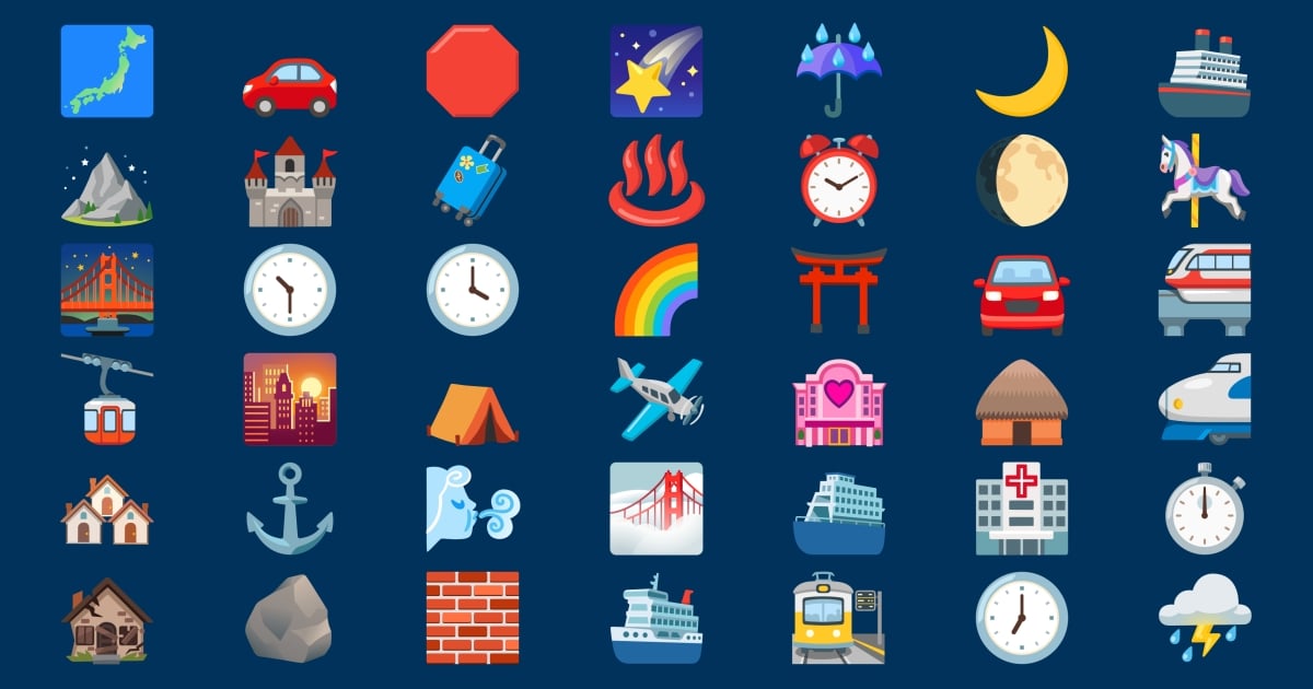 🚢 Viajar & Lugares Emojis 🛴 🕦 🌋 🏔️ ⛴️ 🚓 🌨️