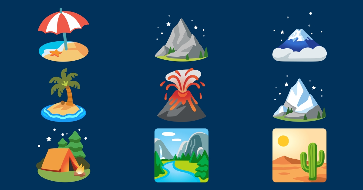🏔️ Geografía Emojis 🏝️ 🗻 🏞️ 🏜️ 🏖️ 🌋