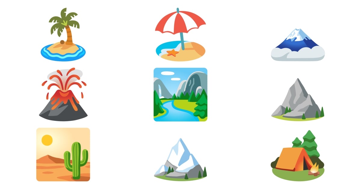 🏔️ Geografia Emojis 🌋 🏖️ 🏞️ 🏜️ 🏕️ 🗻
