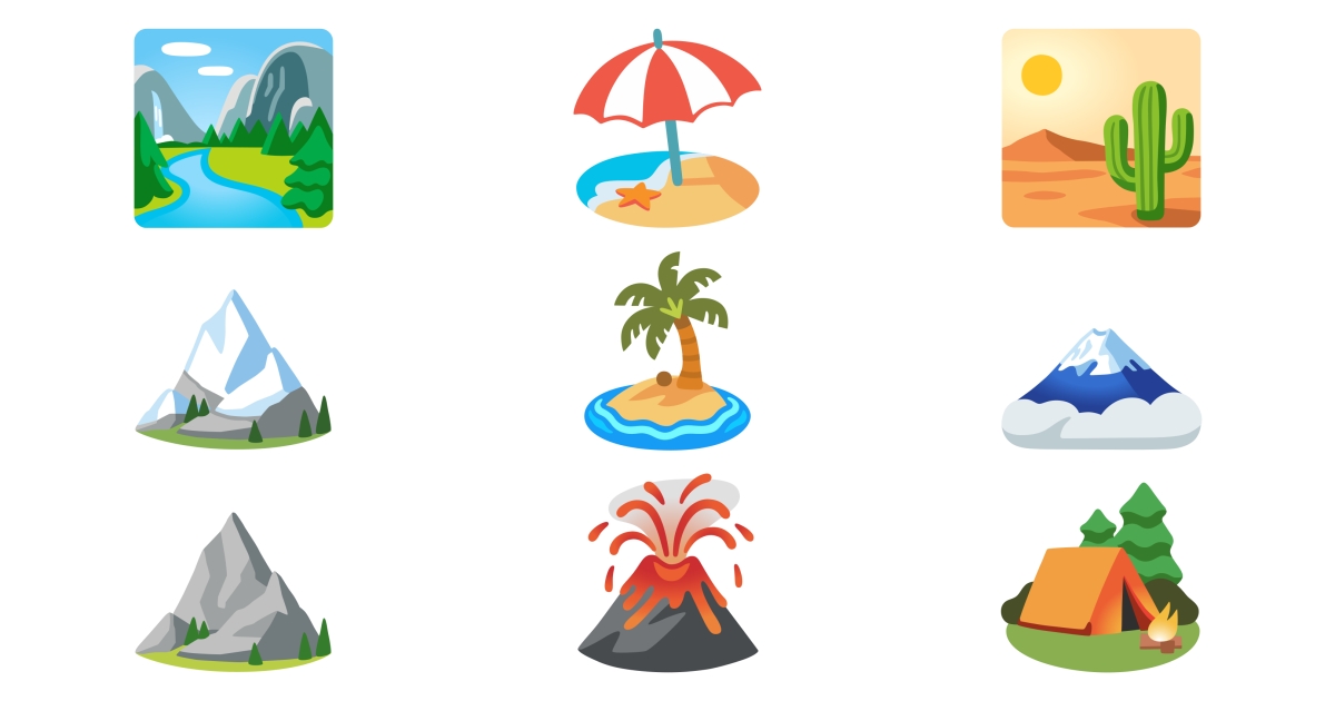 🏔️ Géographie Emojis 🏕️ 🏜️ 🗻 🌋 ⛰️ 🏞️