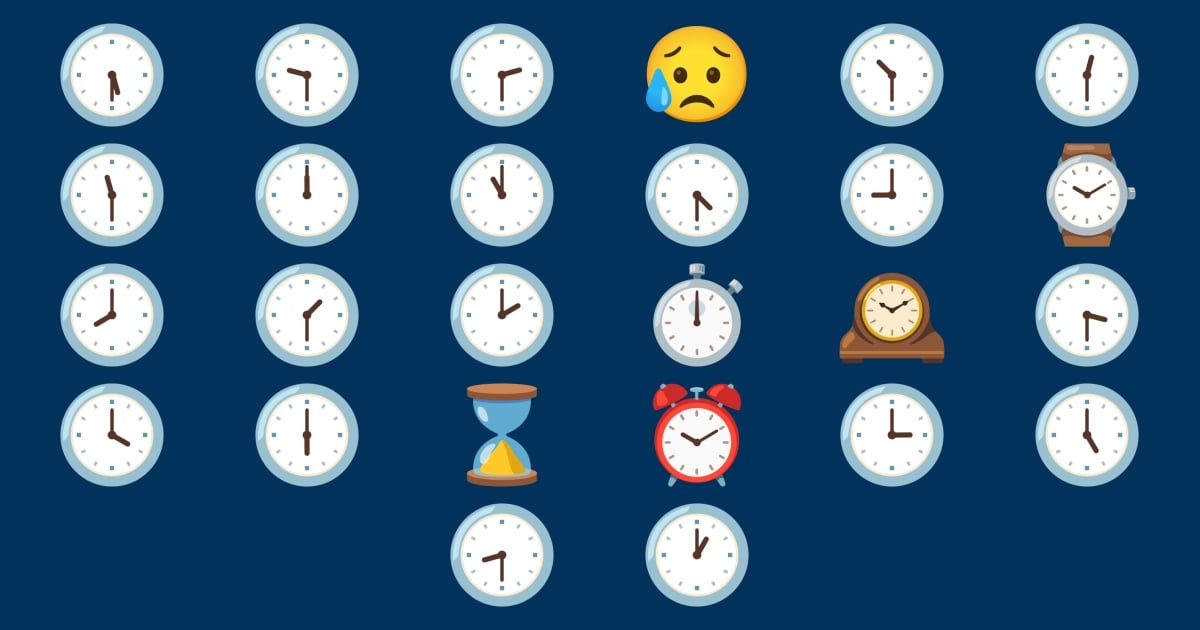 😥 Time Emojis ⌛ ⌚ ⏰ ⏱️ 🕰️ 🕛
