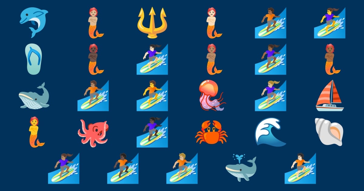 🧜 Mer Emojis 🏄 🏄‍♀️ 🐳 🐋 🐬 🐙
