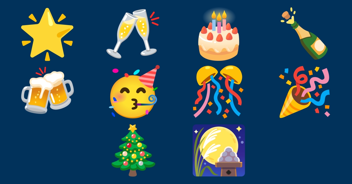 🥳 Festeggiare Emoji 🎂 🍾 🍻 🥂 🌟 🎄